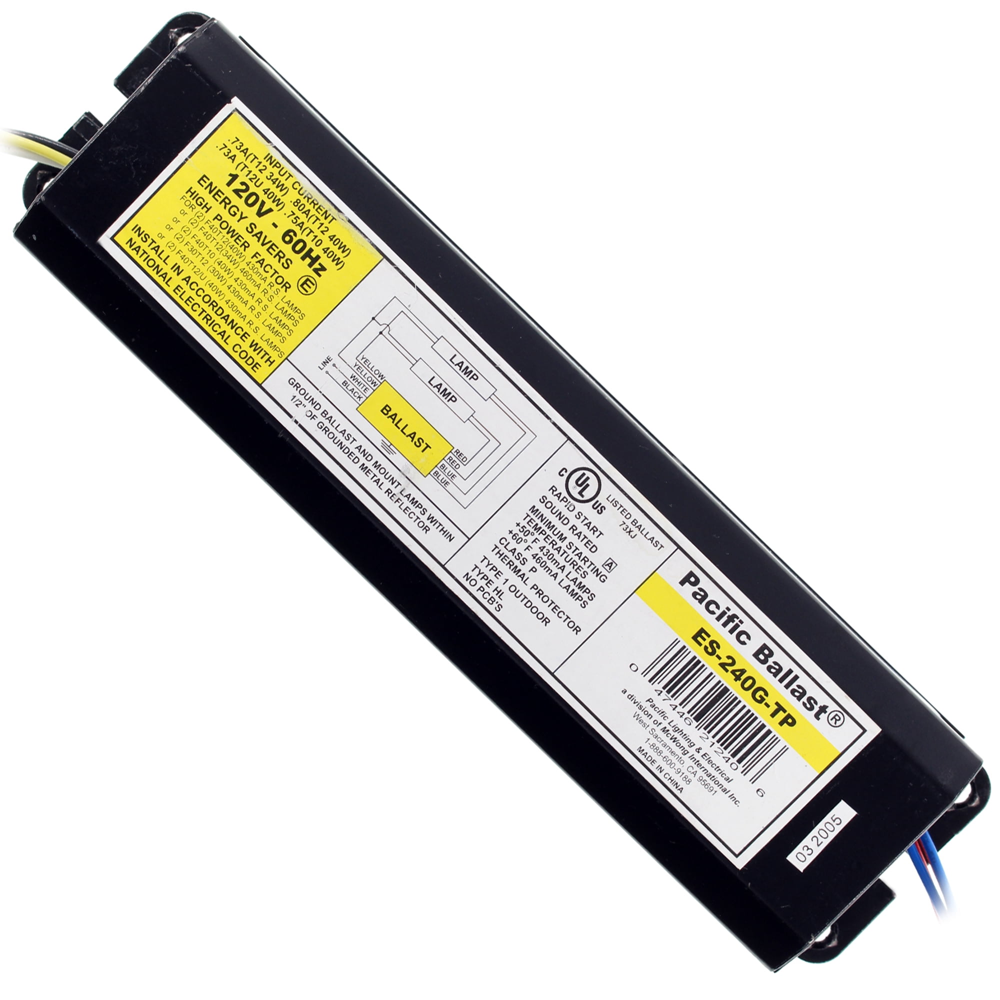 Pacific Lighting ES-240G-TP Fluorescent Ballast, HPF, 2-Lamp, F40T12 ...