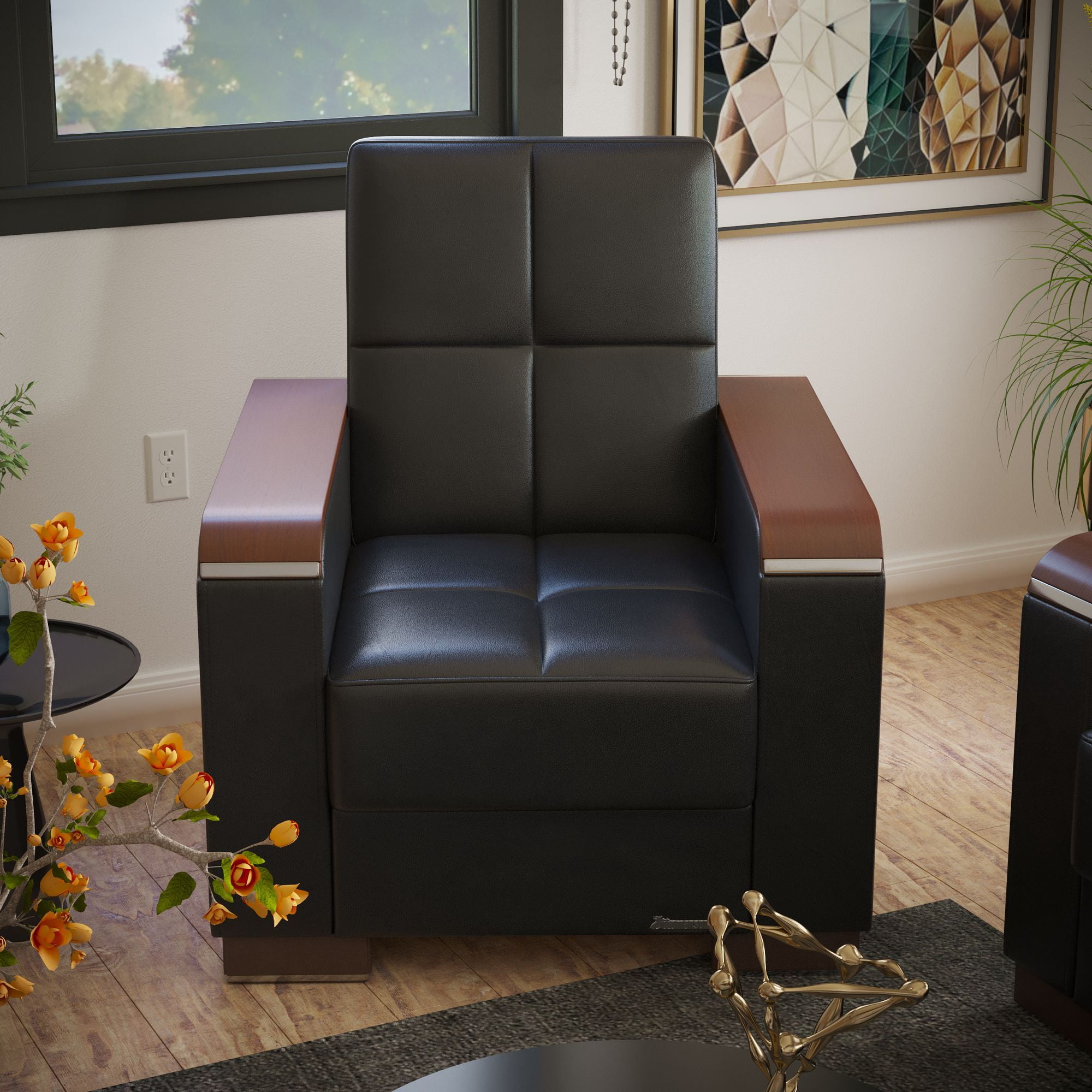 Ottomanson Origins X Convertible Arm Chair, Black Leatherette Fabric ...
