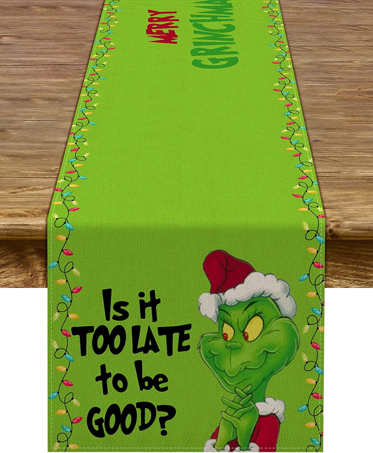 JOOCAR Christmas Table Runner, Green Christmas Grinch String Lights ...