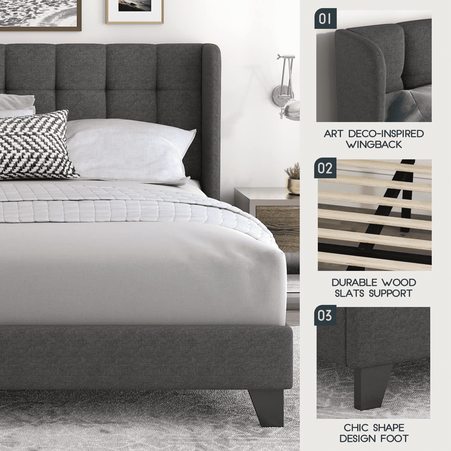 Elegant Dark Grey Upholstered Platform Bed Frame Australia | Ubuy