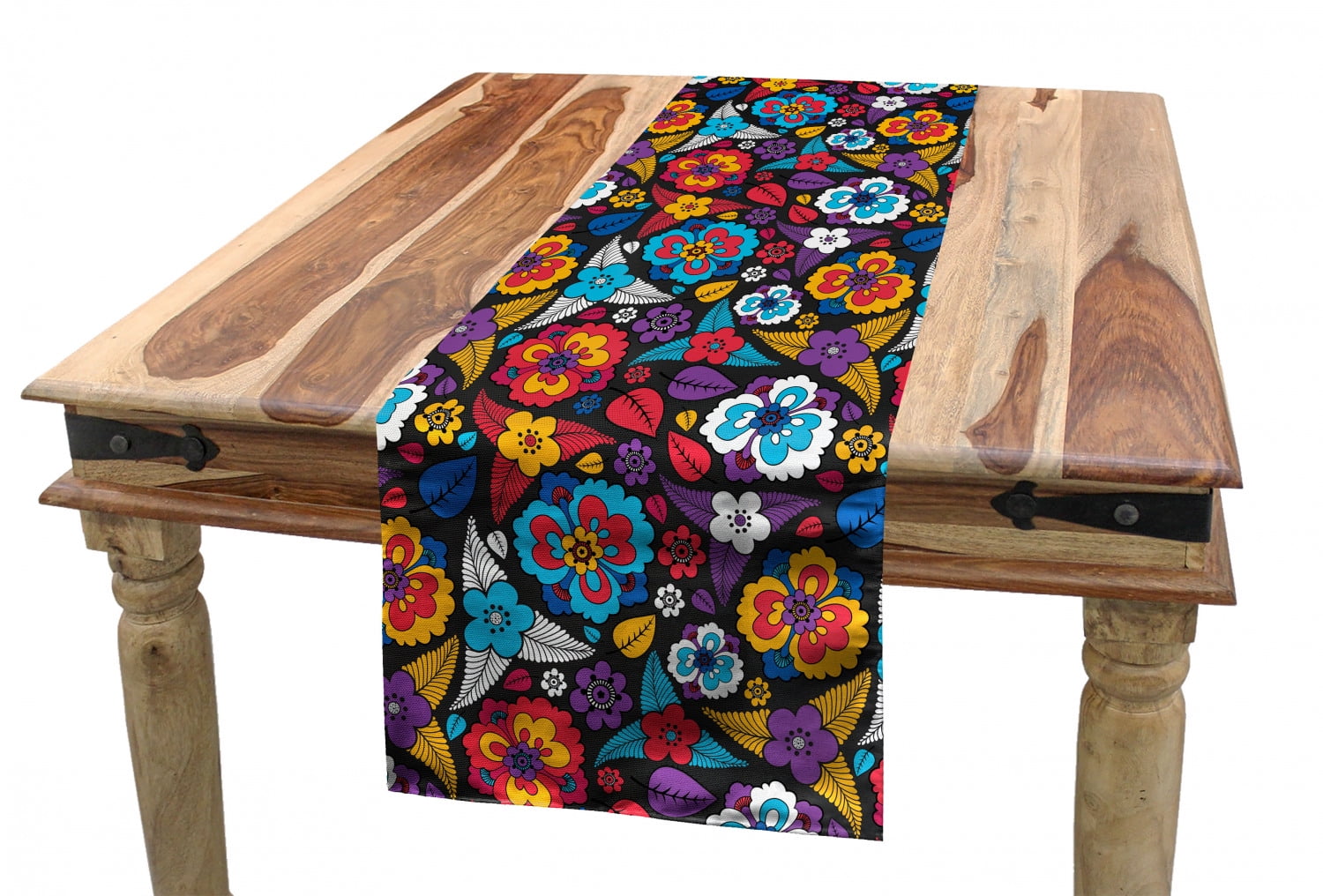 Colorful Table Runner, Scroll Pattern in Aloha Style Lively Blossoms ...