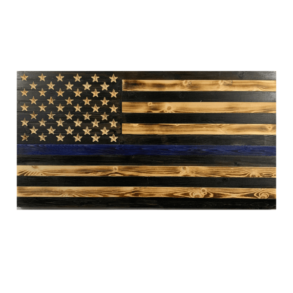Thin Blue Line Rustic Handmade Wooden American Flag with Carved 50 Star ...