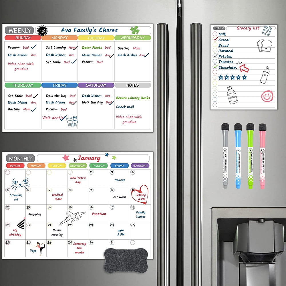 Magnetic Dry Erase Whiteboard Calendar for Fridge Set of 3 - Monthly ...