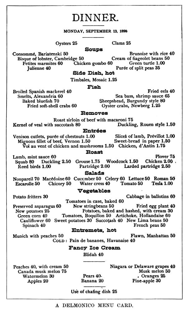 Menu: Delmonico'S, 1898. /Ndinner Menu For Delmonico'S Restaurant In ...