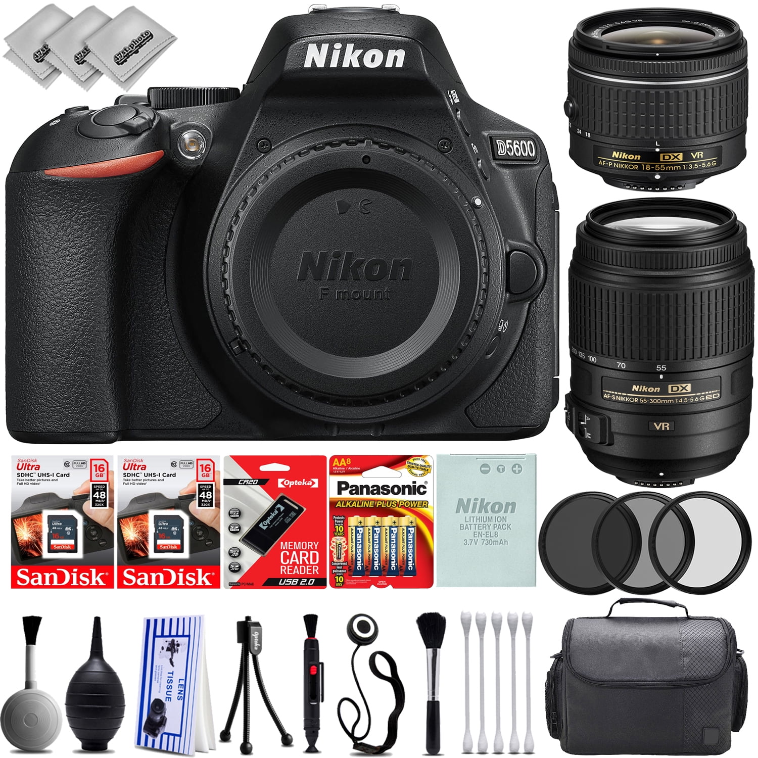 Nikon D5600 Digital SLR Camera w/ Nikon 18-55mm - Nikon 55-300mm - 25PC ...