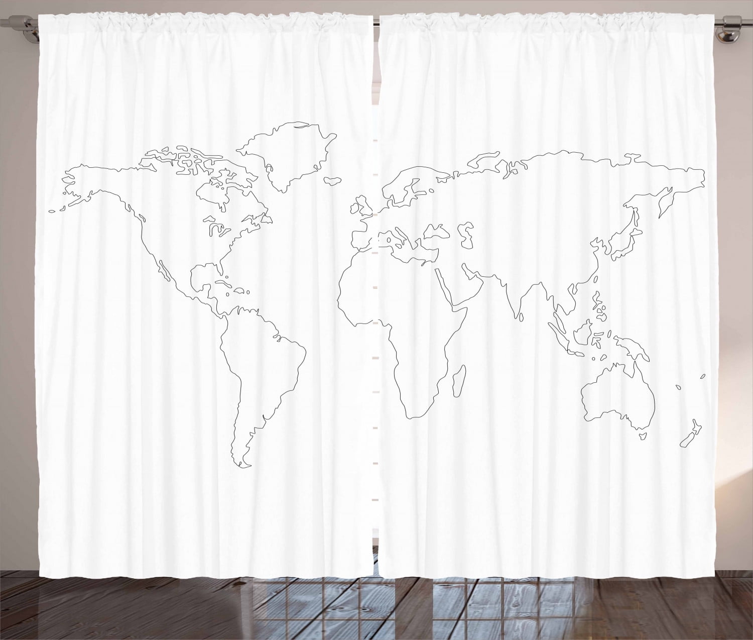 Map Curtains 2 Panels Set, Simplistic Design World Map Outline with ...