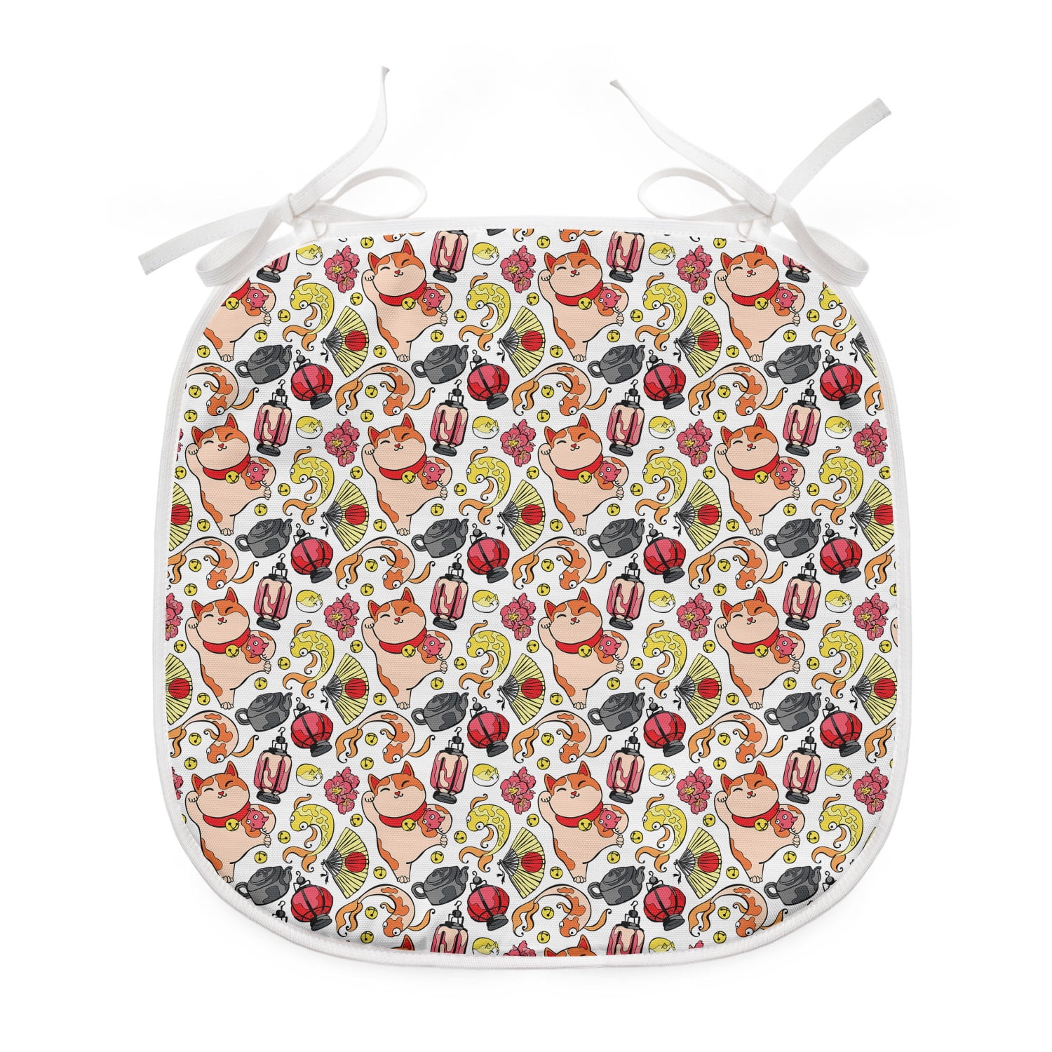 Japanese Cat Dining Chair Pad, Lucky Cat Holding Koi Fish Paw Far East ...