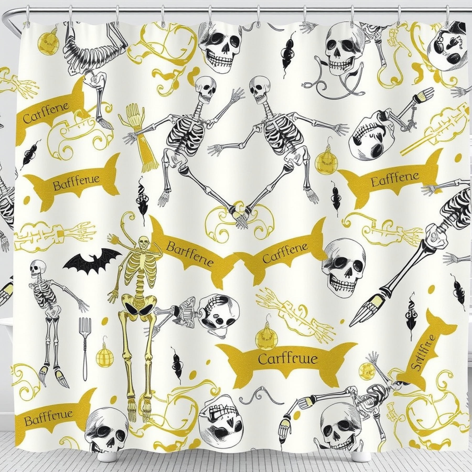 Cartoon Skeletons Shower Curtain with Gold Caffrene Banners - Fun ...