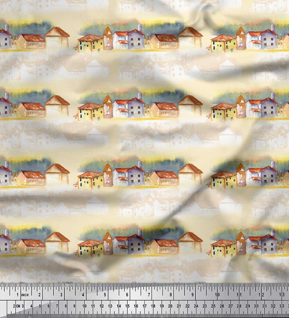 Soimoi White Cotton Voile Fabric House & Landscape Nature Print Fabric ...