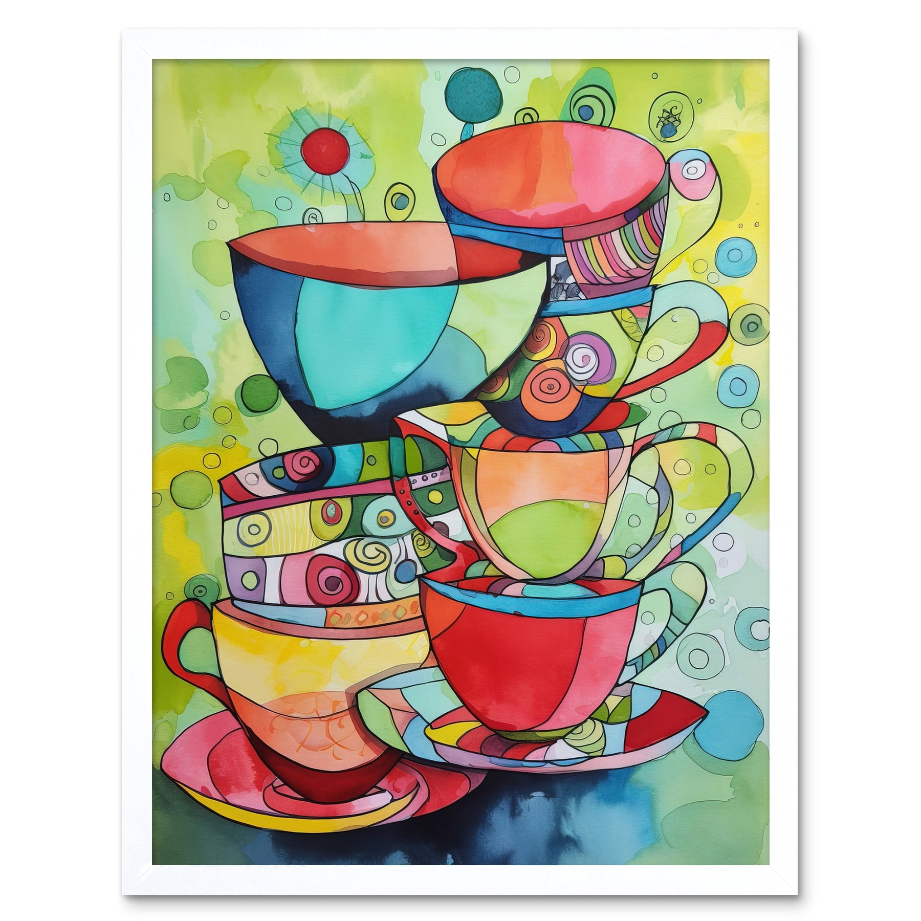 Abstract Tea Cups Folk Art Kitchen Art Print Framed Poster Wall Decor ...