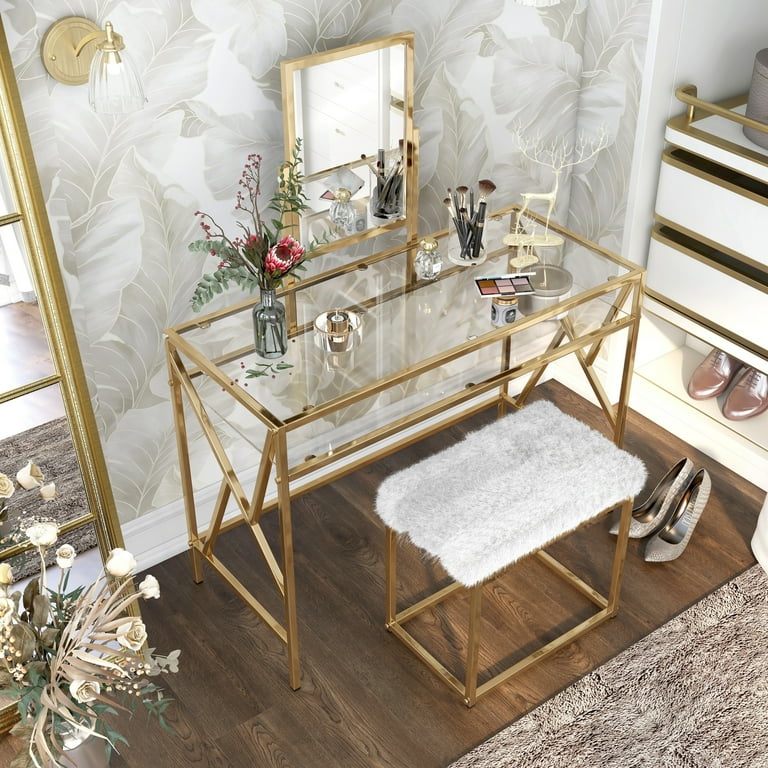 Furniture of America Davila Glam Metal 3 Piece Makeup Vanity Set with Mirror and Bench Champagne 39 1 4 L X 19 5 8 W X 29 3 4 H Goldtone Finish
