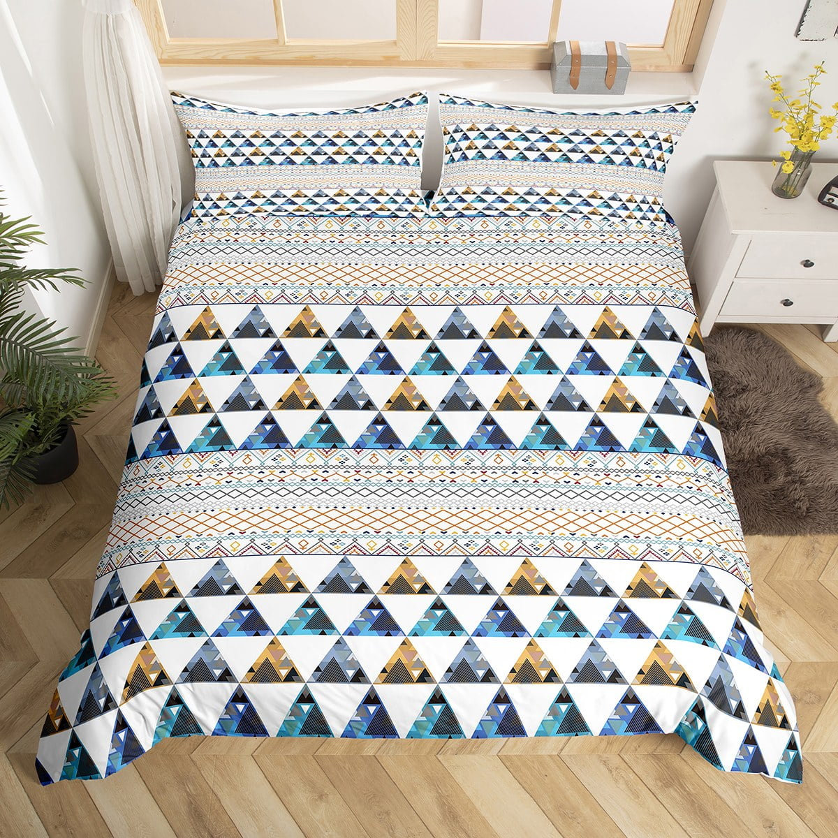 YST Triangle Geometric Boho Full Bedding Set Yellow Blue Geometry ...