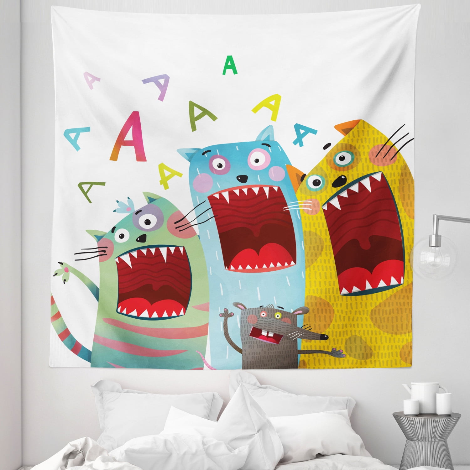 Cartoon Tapestry, Colorful Cats and Rat Singing Funny Animal Characters ...