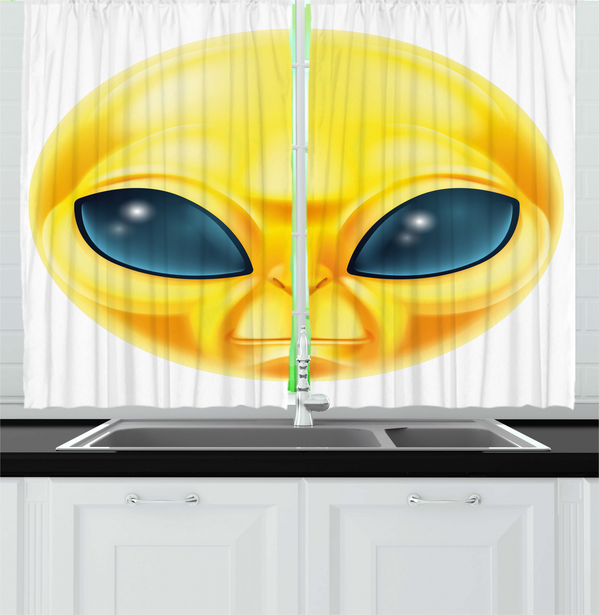 Emoticon Kitchen Curtains, Alien Face with Big Eyes Creature from Outer ...