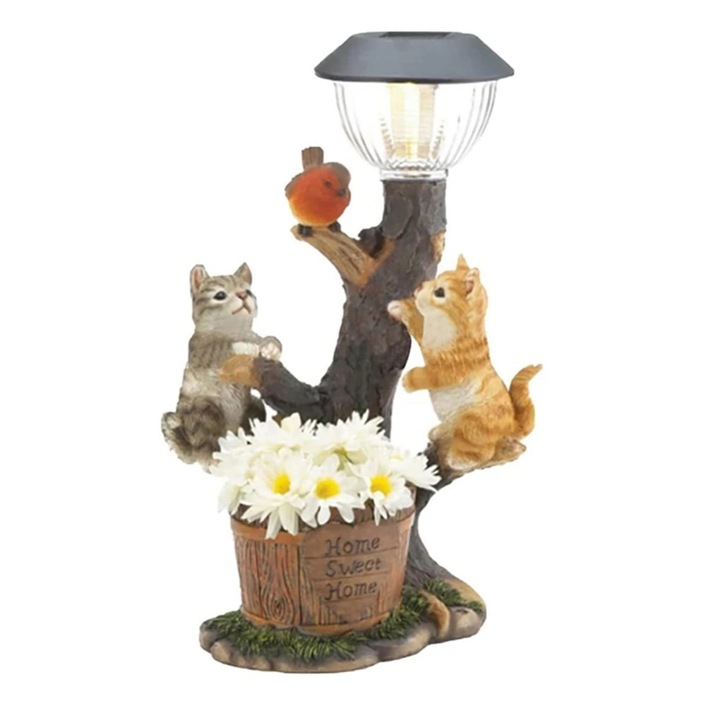 Solar Powered Cat Dog Sculpture LED Light Resin Statue for Home Outdoor ...
