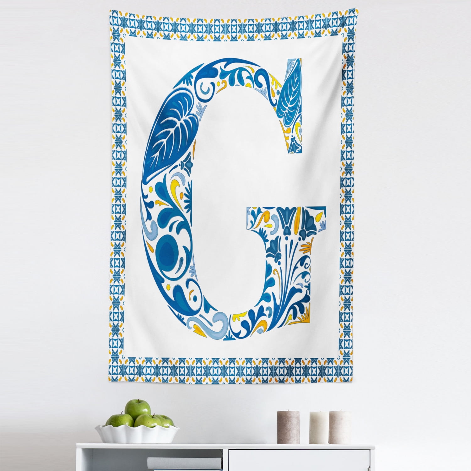 Letter G Tapestry, Flower Letter G Natural Elements in Blue Tones ...