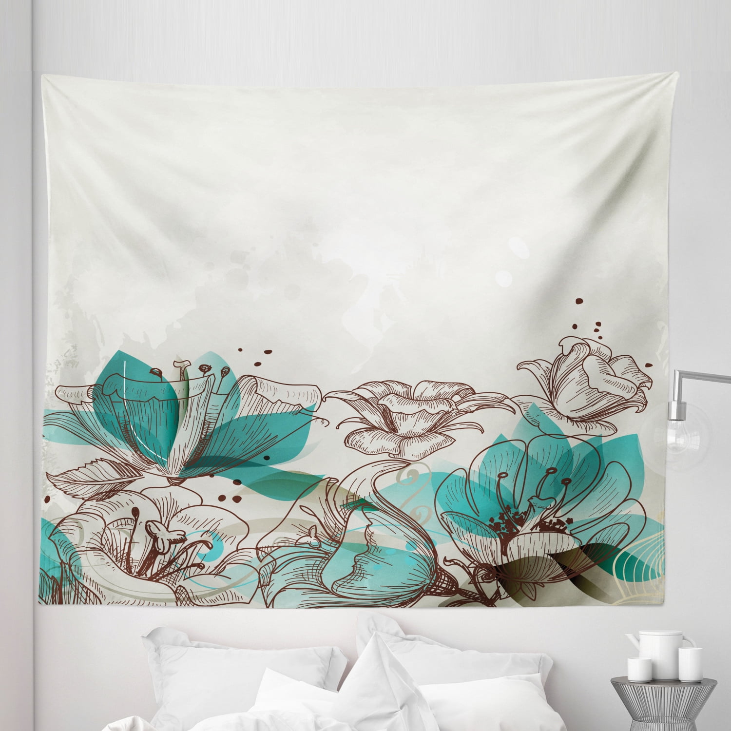 Turquoise Tapestry, Retro Floral Background Hibiscus Silhouettes ...