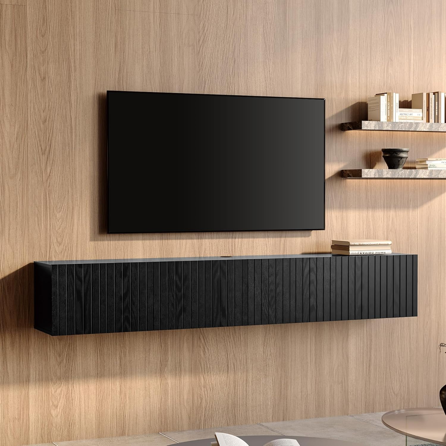 Click here for Fitueyes Black Floating Tv Shelf Wood Media Entert... prices