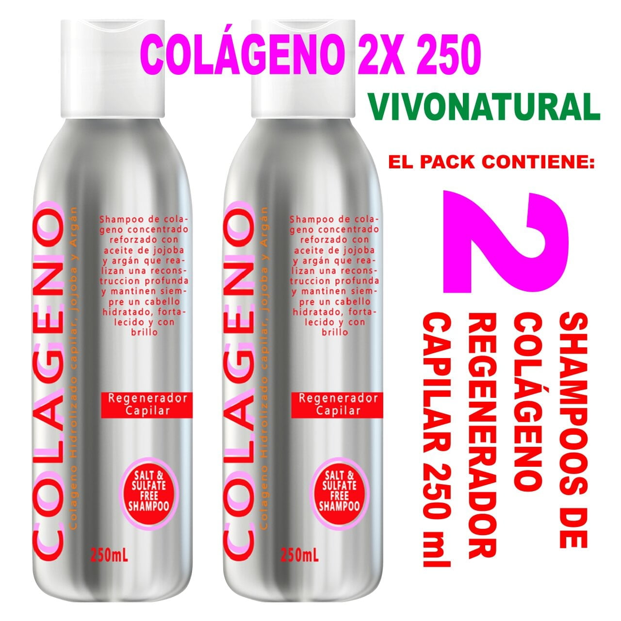 COLÁGENO 2X 250 VIVONATURAL. 2 SHAMPOOS DE COLÁGENO VIVONATURAL DE 250 ML CADA UNO Hidrata ...