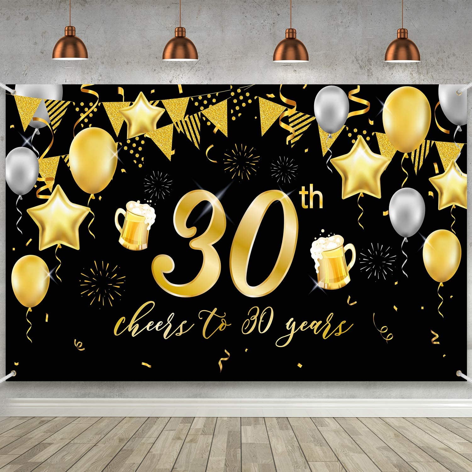 30th Birthday Banner, Black Gold Mens 30th Anniversary Backdrop Party ...