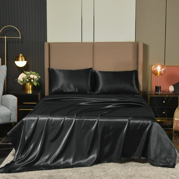 NTBED Satin Sheets Full Black Luxury Silky Bed Sheets 1800 Microfiber ...
