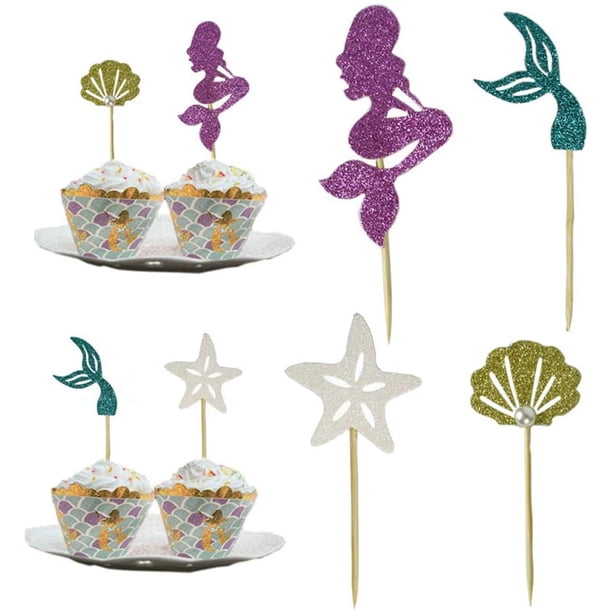 24 Pcs Glitter Mermaid Cupcake Toppers Theme Birthday Party Baby Shower ...