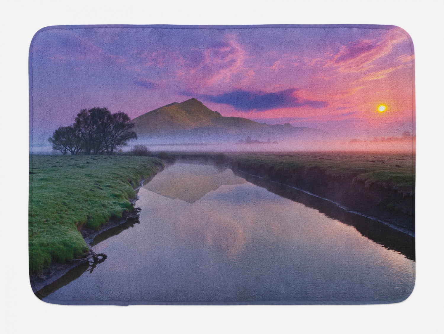 Landscape Bath Mat, Still Lake View with Misty Purple Sunny Sky and Big ...