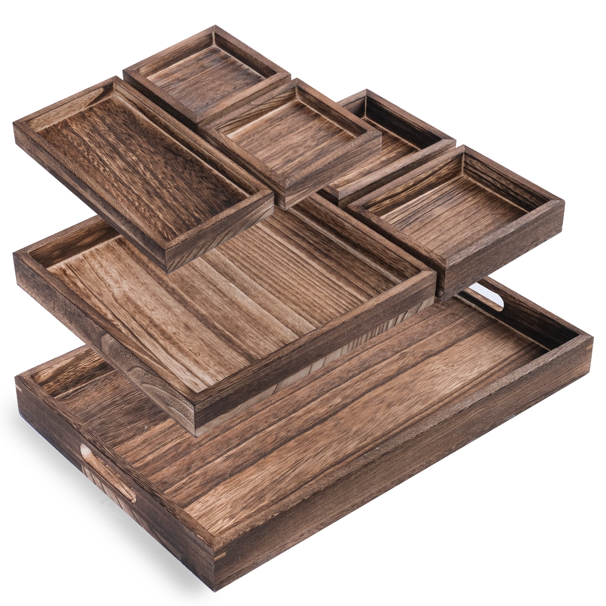 LotFancy Wood Serving Trays, Set of 7, Brown Rustic Nesting Food Board ...