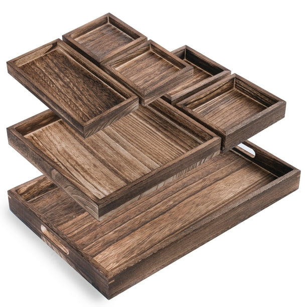 LotFancy Wood Serving Trays, Set of 7, Brown Rustic Nesting Food Board ...
