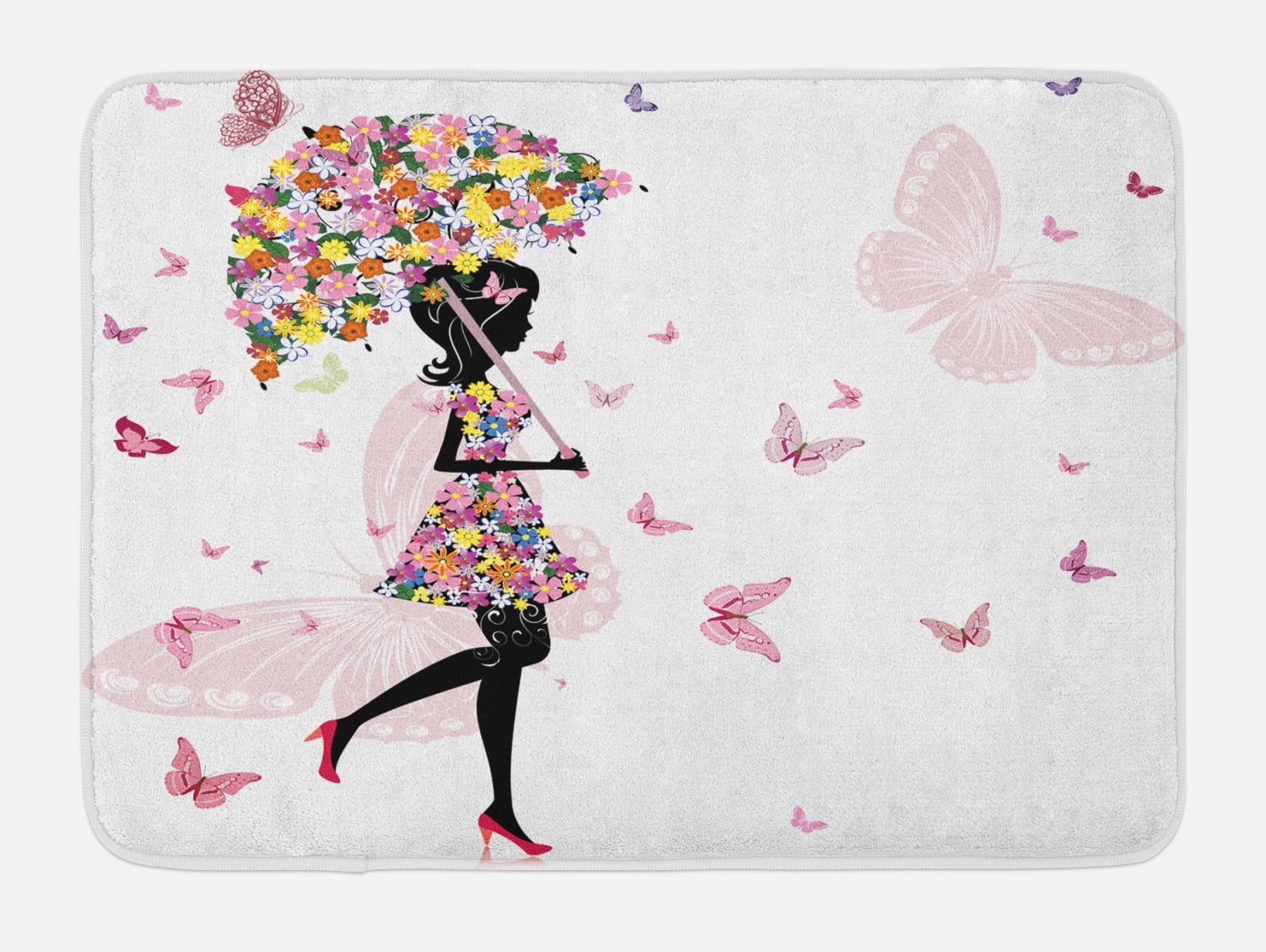 Girls Bath Mat, Girl with Floral Umbrella and Dress Walking with ...