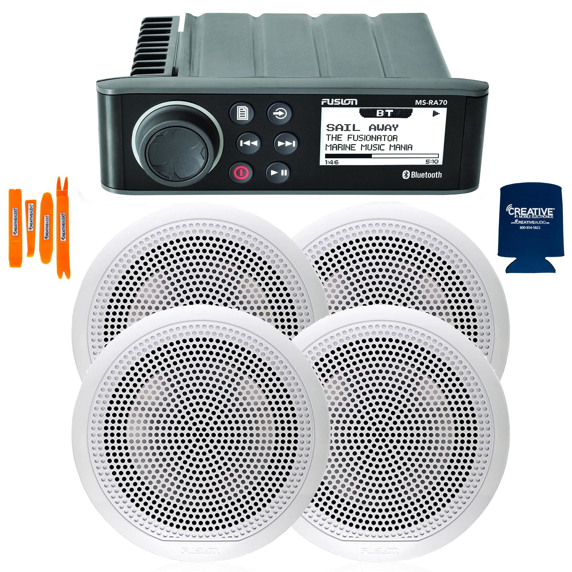 Fusion MS-RA70 Marine AM/FM/BT Stereo with 2 Pair Fusion EL-F651W EL ...