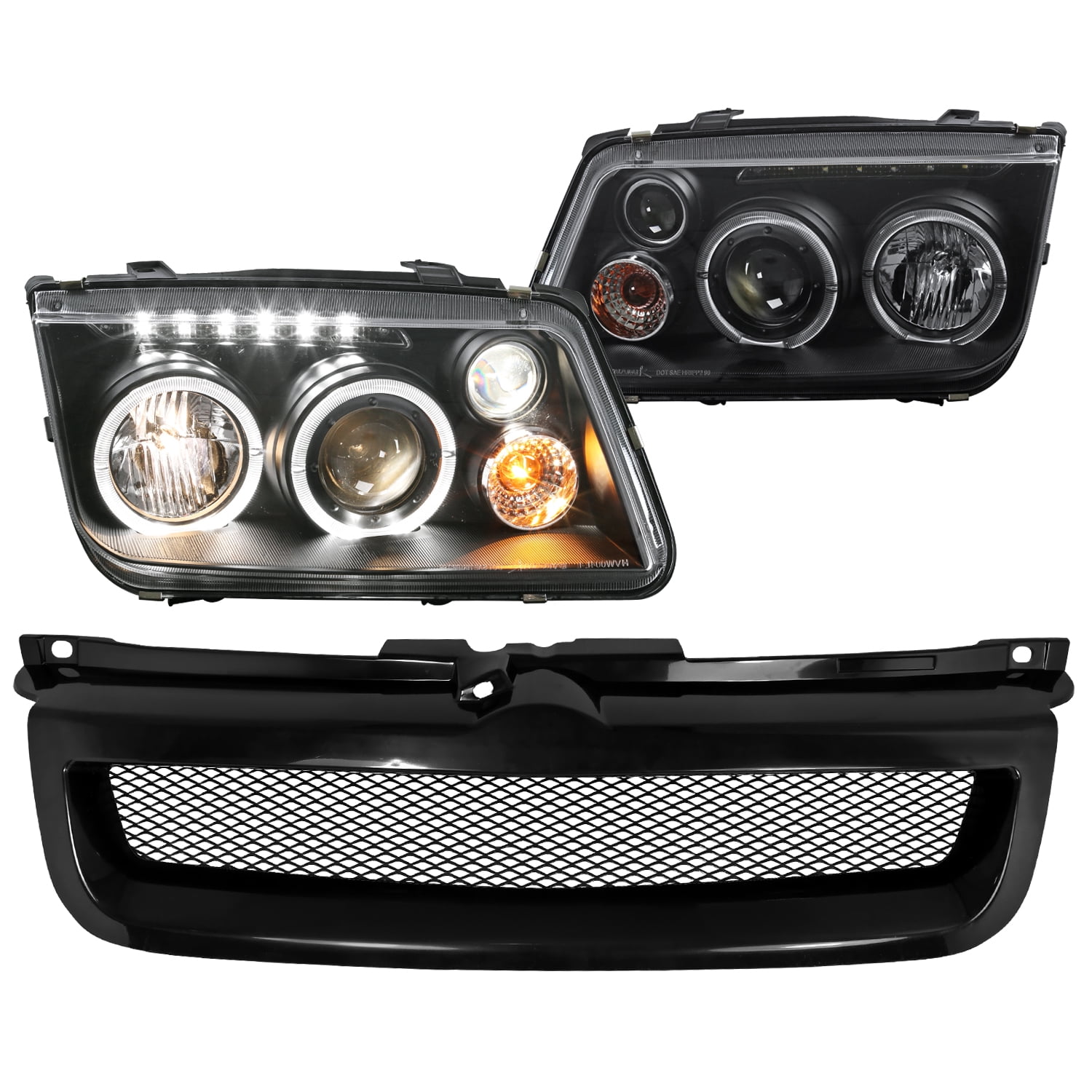 Spec-D Tuning Black Halo LED Projector Headlights + Front Hood Mesh ...