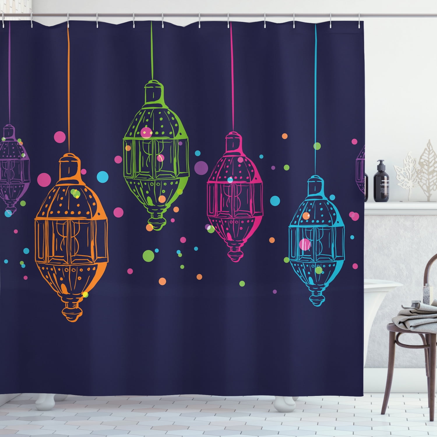 Lantern Shower Curtain, Candles in Night Sketch in Various Colors with ...
