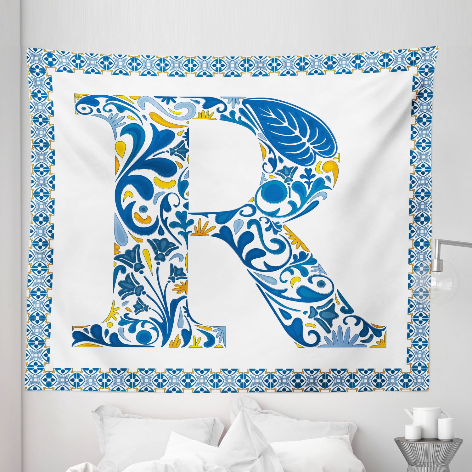 Letter R Tapestry, Curly Blossoms Motifs Letter R Vintage Traditional ...