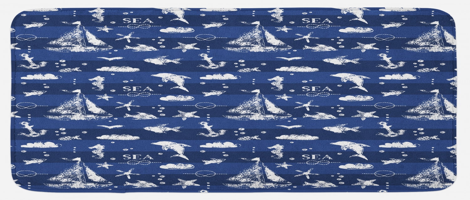 Navy Blue Kitchen Mat, Sailboat Vertical Stripe Pattern Anchor Fishes ...