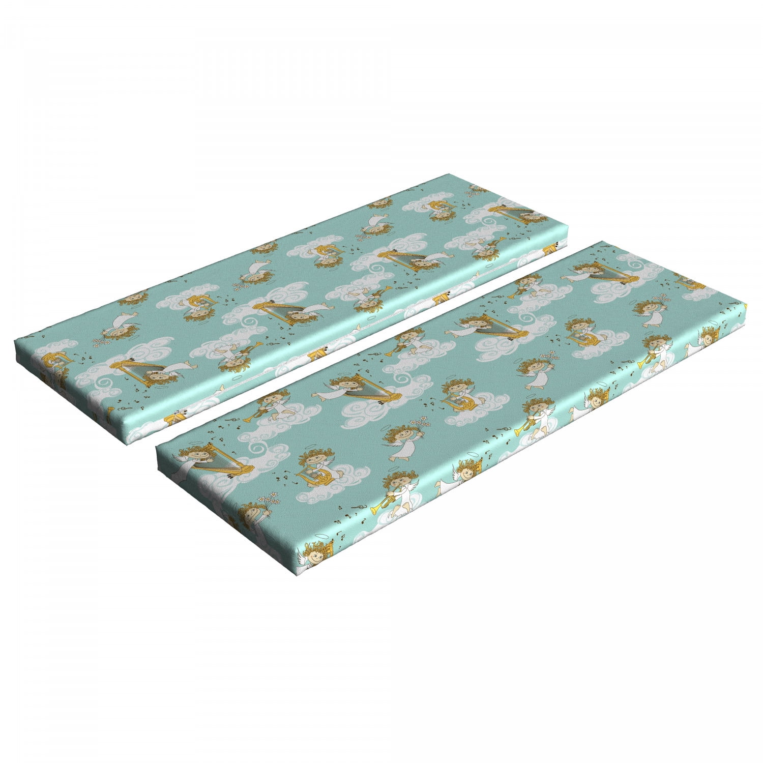 Angel Bench Cushion Set of 2, Angels Playing Harp in Sky Clouds Myth ...