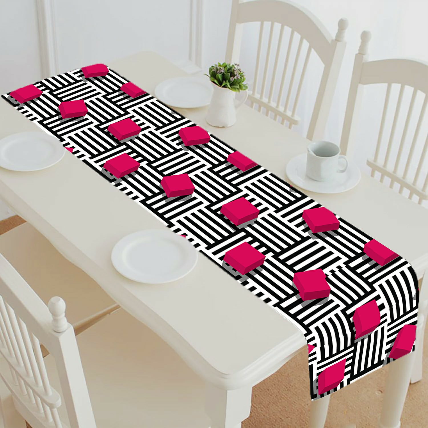 ECZJNT Pink Cube Black White Striped Square table runner table cloth ...