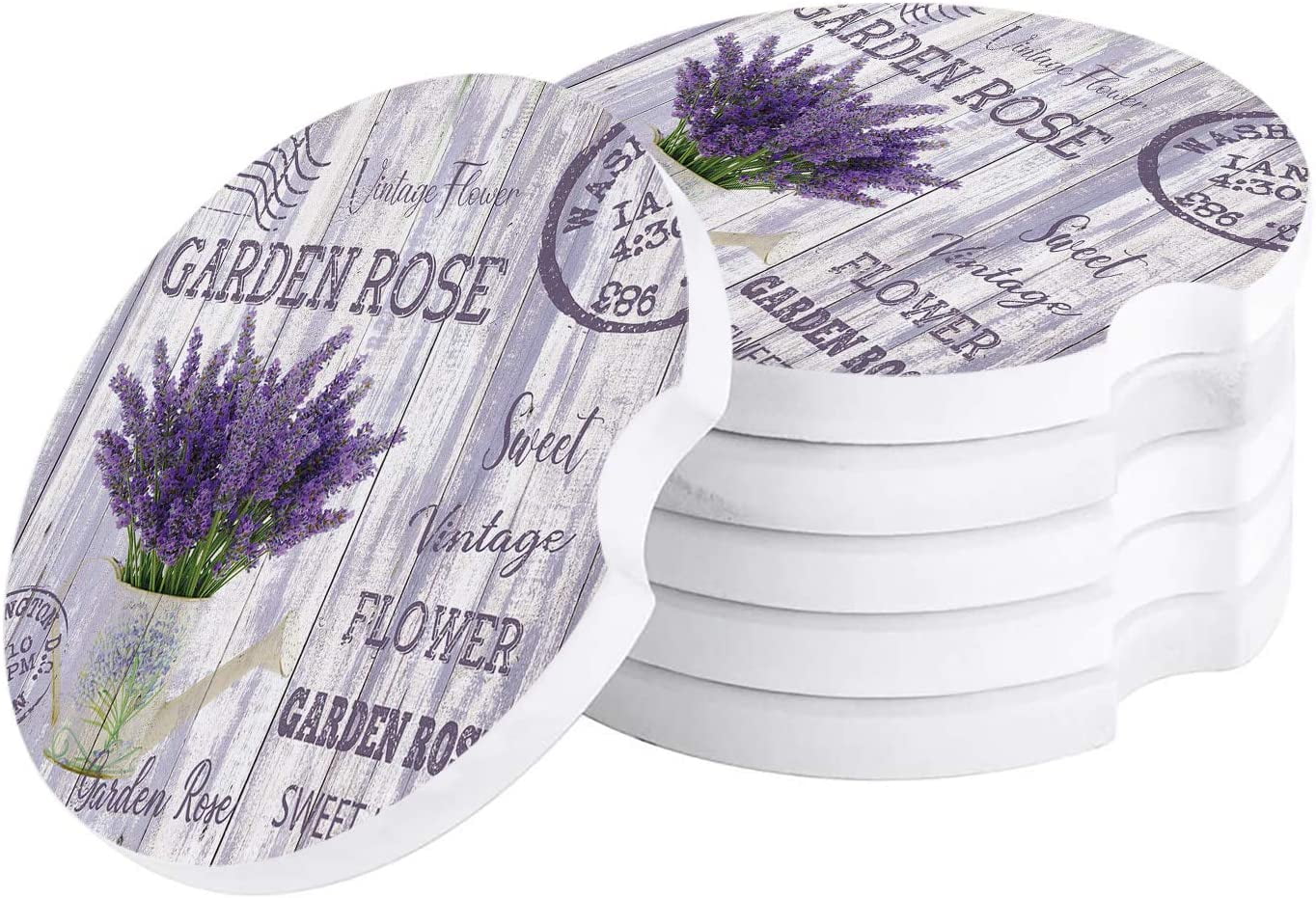 FMSHPON Purple Lavender Flowers Vintage Wood Grain Set of 4 Car Coaster ...