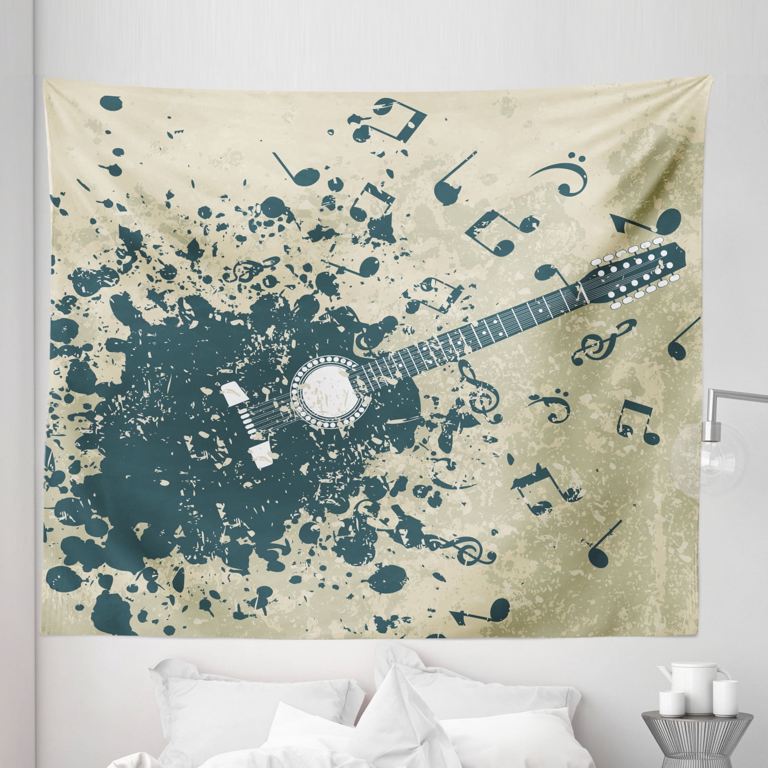 Music Tapestry, Acoustic Guitar on Retro Murky Background Music Notes ...
