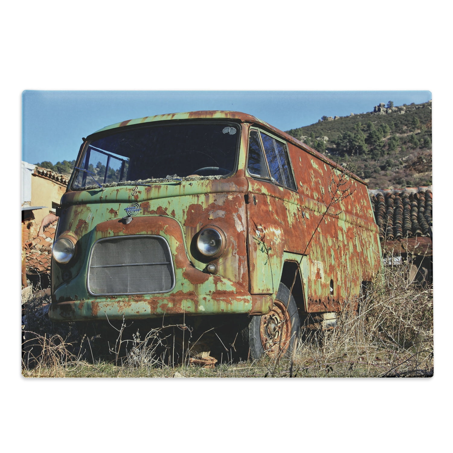 Abandoned Cutting Board, Damaged Antique Old Green Minivan Rusty ...