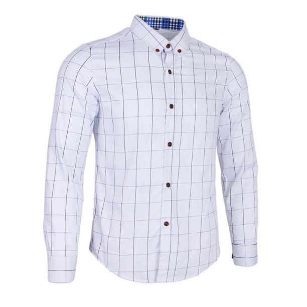 Men Long Sleeve Plaid Slim Fit Button Down Casual Business Dress Cotton