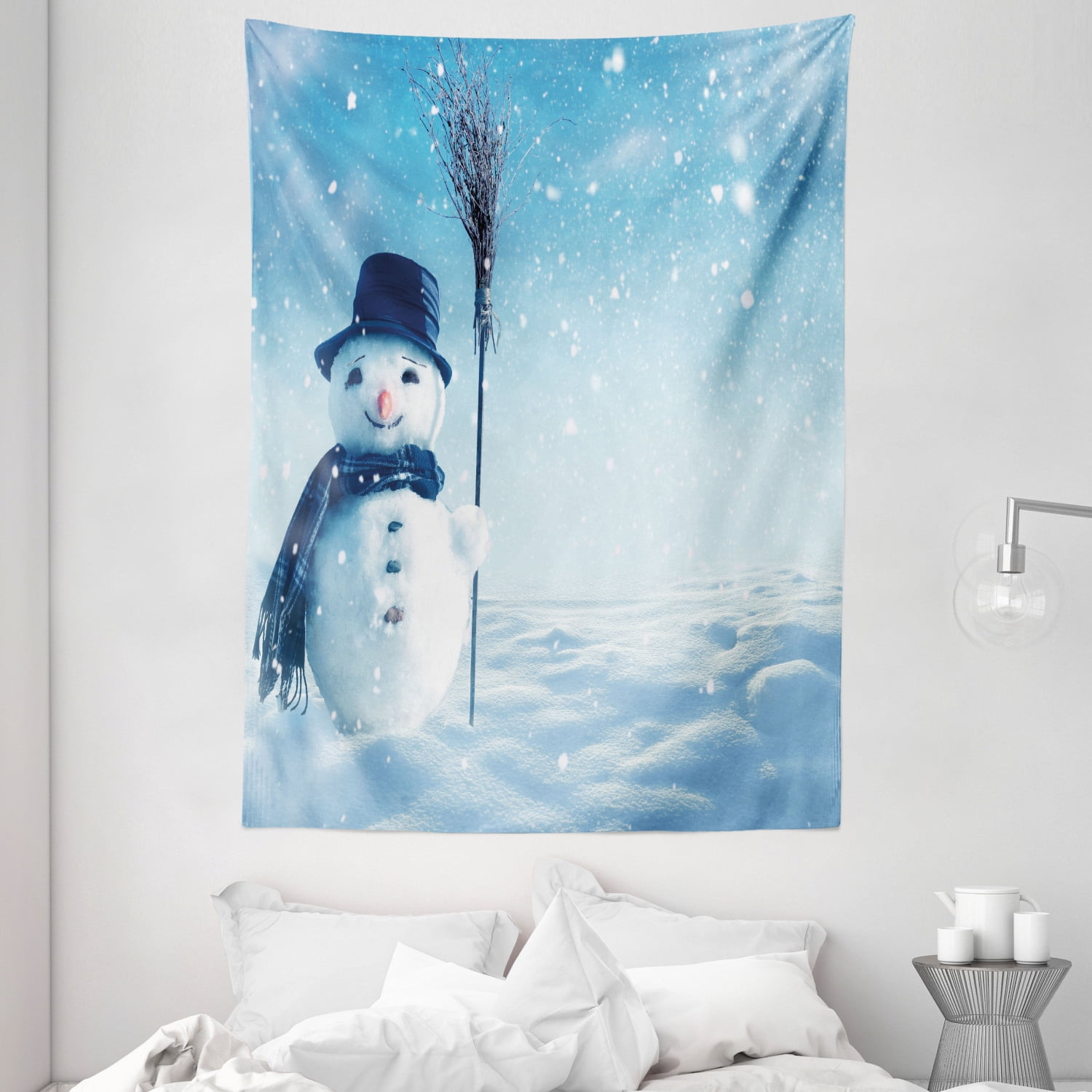 Snowman Tapestry, Snow Covered Wintry Landscape with Cute Happy Snowman ...
