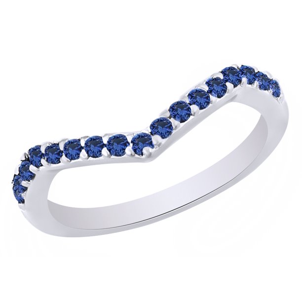 Jewel Zone US - Round Cut Blue Sapphire Chevron Band Ring in 14k White ...