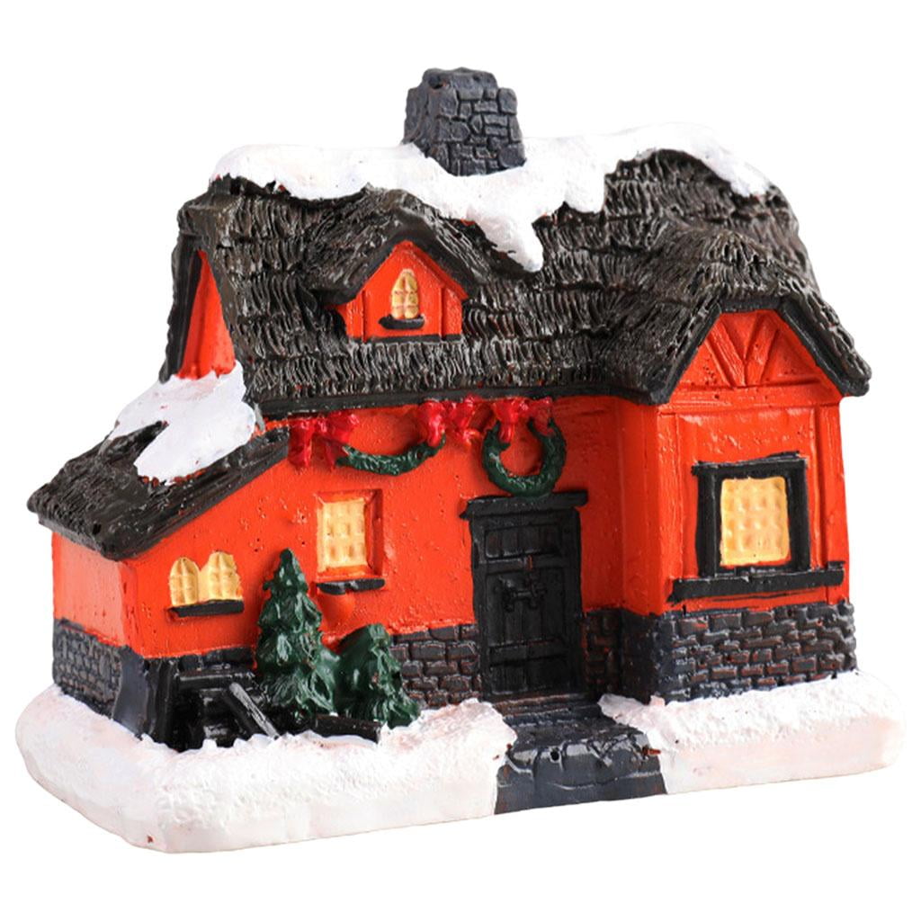Resin Mini Christmas Scene Snow House LED Warm Light Miniature Village ...