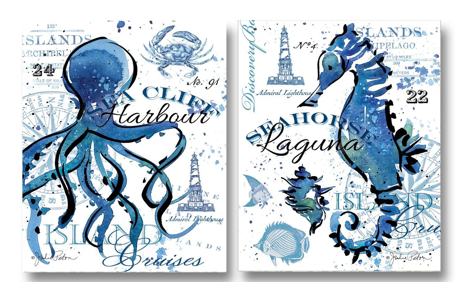Blue and White Watercolor-Style Nautical Seahorse and Octopus Adult Set ...