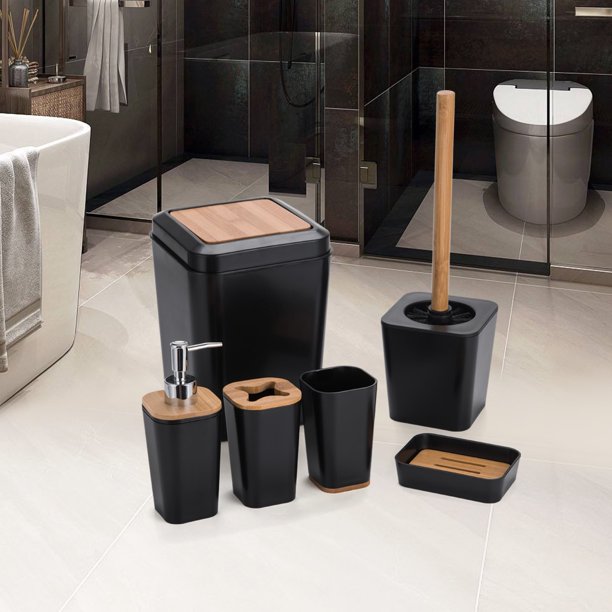 KRALIX Bathroom Set 6 Pieces Black Plastic/Bamboo Bathroom Accessories ...