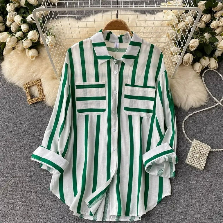 EHTMSAK Striped Shirt Women Button Down High Low Womens Long EHTMSAK Striped Shirt Women Button Down High Low Womens Long