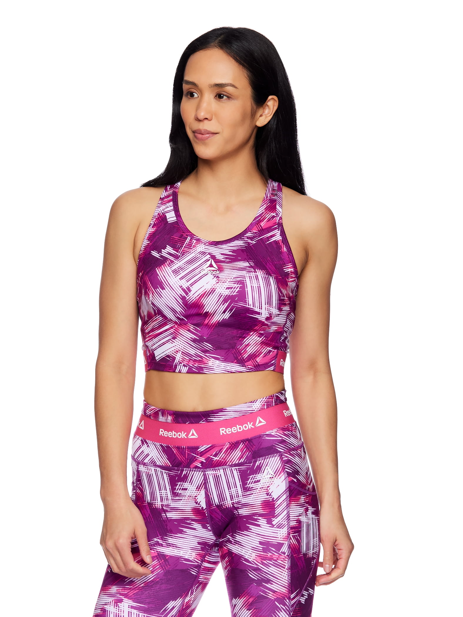 Reebok Womens Printed Medium Impact Cropped Bra Tank With Removable Cups