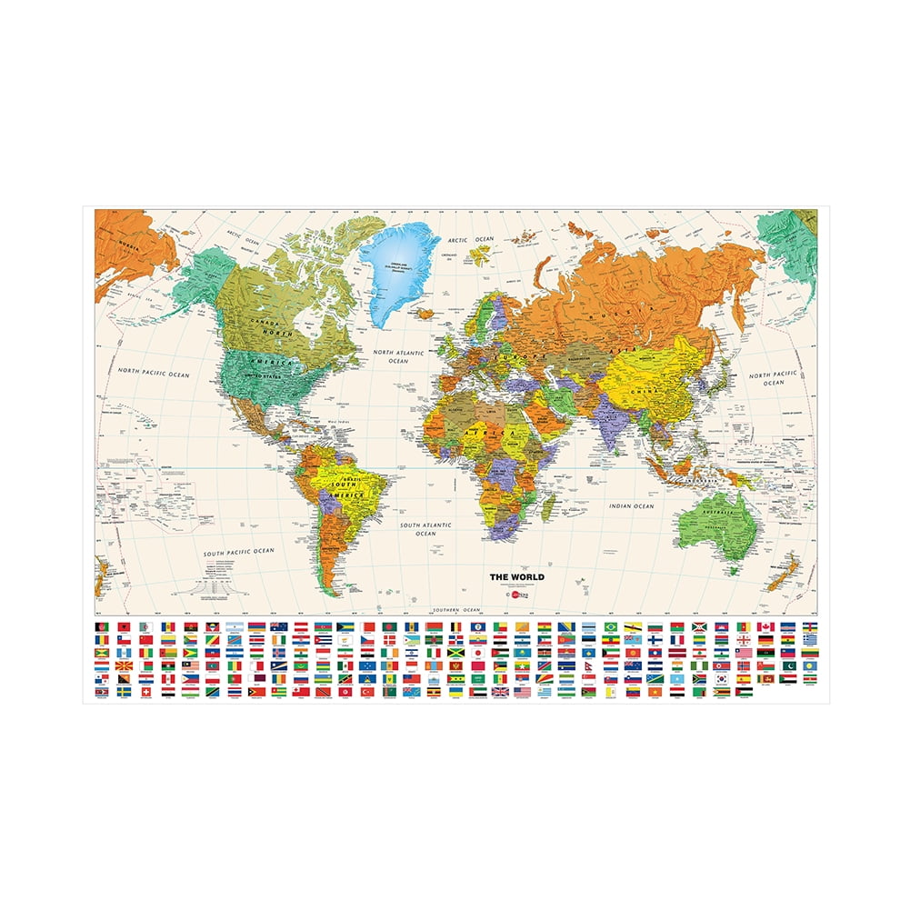 WCIC 3*5ft Vinyl World Map with Flags Poster Background Cloth Home ...