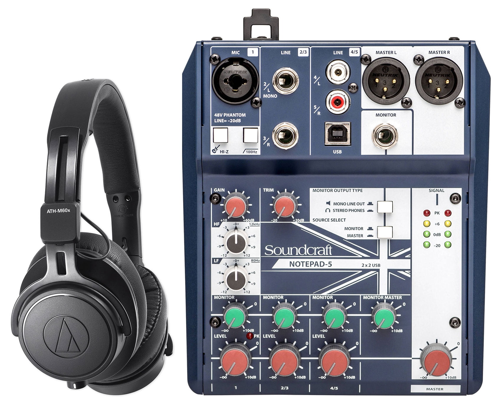 Audio Technica ATH-M60X Studio Headphones+Soundcraft Mixer w/ USB ...